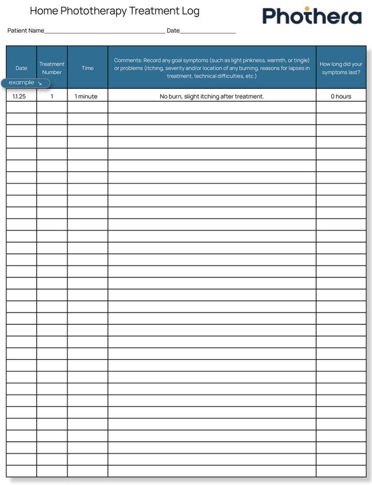 Home Phototherapy Treatment Log | Printable Tracking Tool for Patients